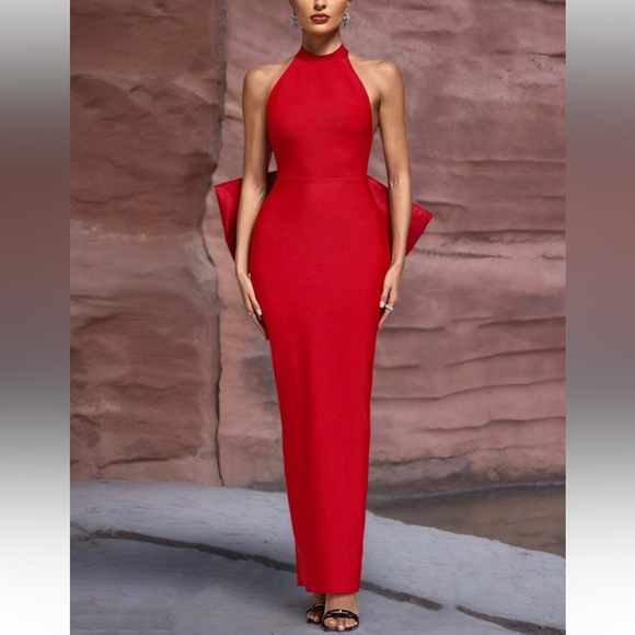 Dresses | Elegant Red Bodycon Bandage Evening Dress With Bow Detail ...